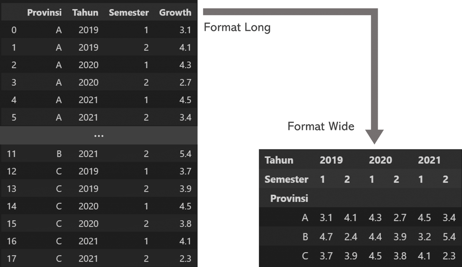 Python : Reformat Pandas Dataframe ‘Long to Wide’ - SAINSDATA.ID